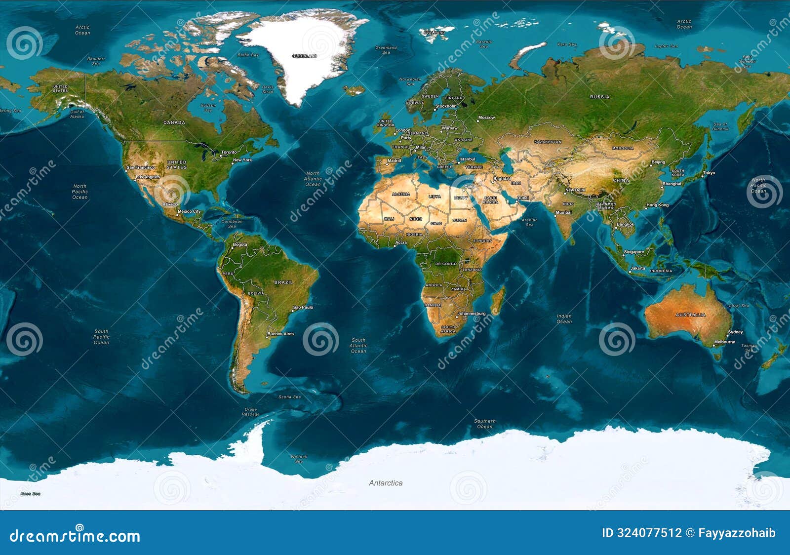 Natural Satellite World Map with All Labels Stock Photo - Image of ...