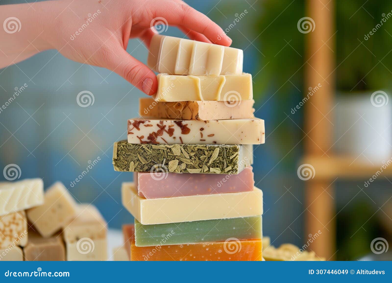 Natural Soaps Stack with Hand Reaching for Top Bar Stock Image - Image ...