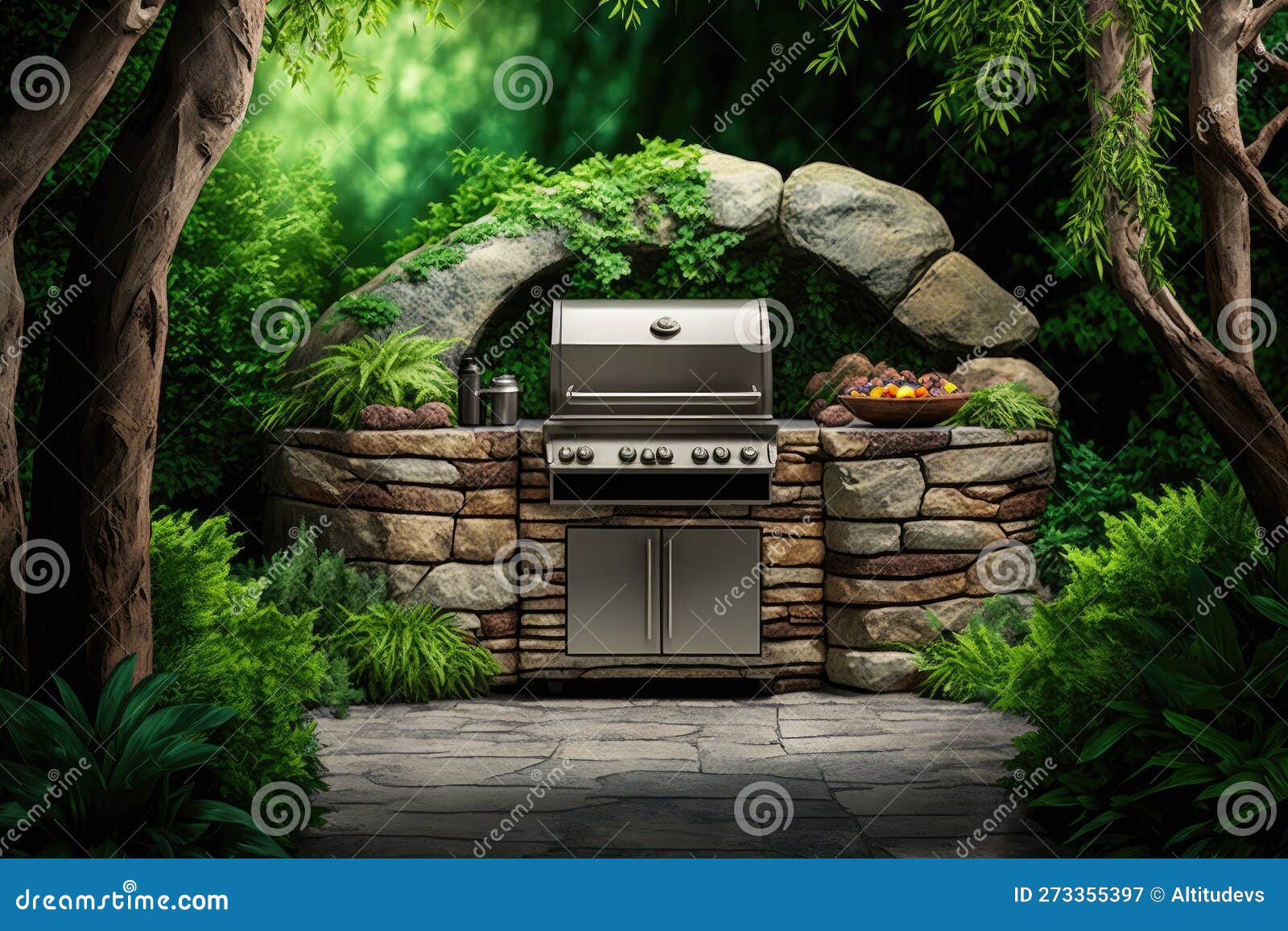 Natural Stone Backyard Grill Against Background of Fresh Green Trees ...