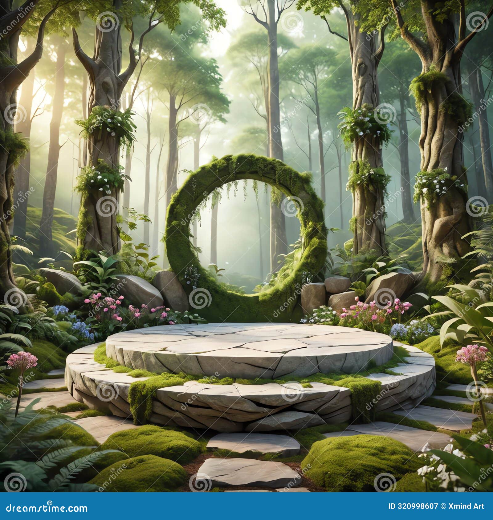 Natural Stone Stage Podium Mockup with Natural Forest Background Stock ...