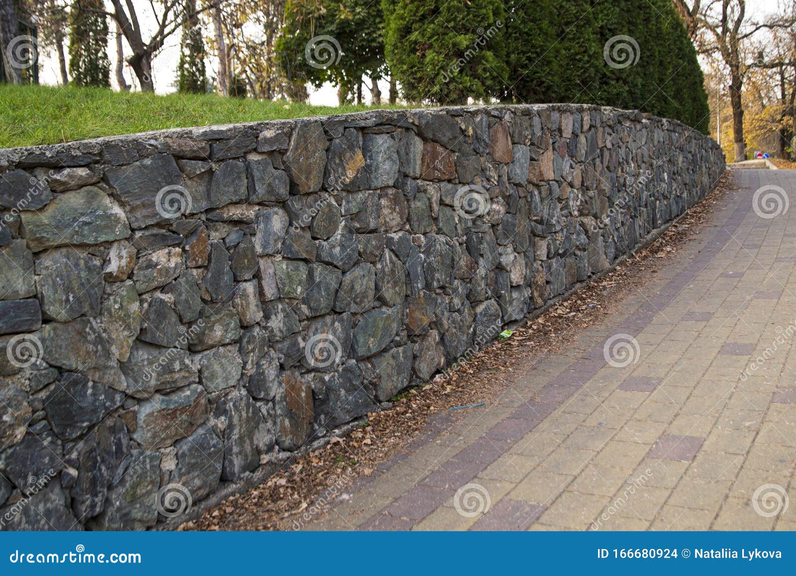Natural Stone Wall, Path Up with Steps Stock Photo - Image of cement ...