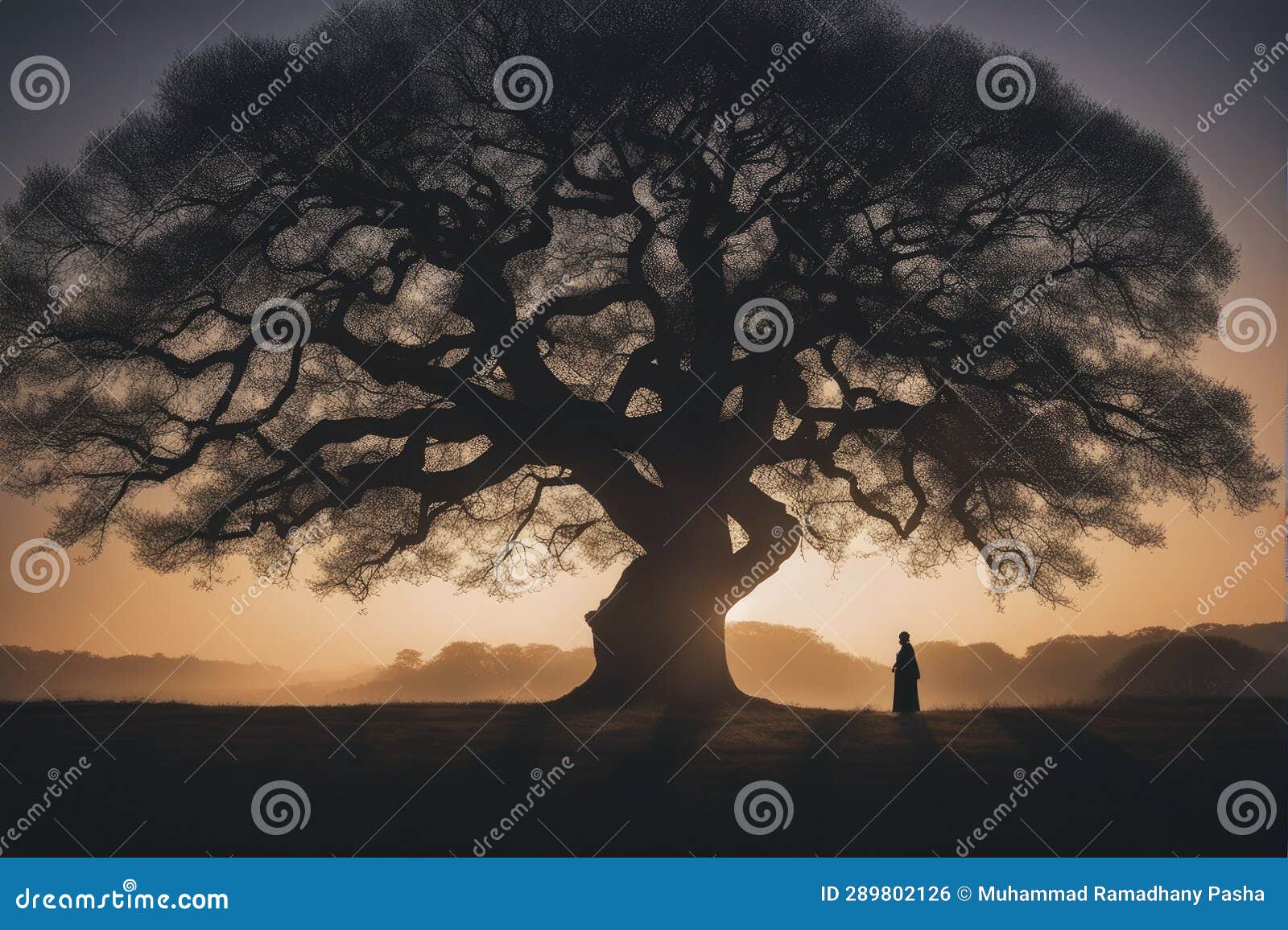 Natural Sunset Landscape with Man Under the Tree Silhouette Stock ...