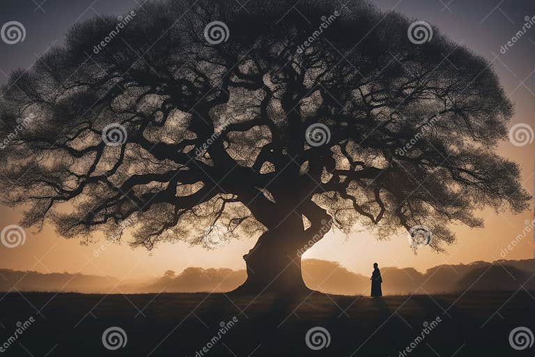Natural Sunset Landscape with Man Under the Tree Silhouette Stock ...