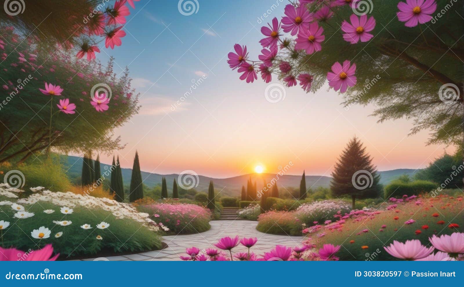 Natural View Cosmos and Sunset on Garden Background Stock Illustration ...