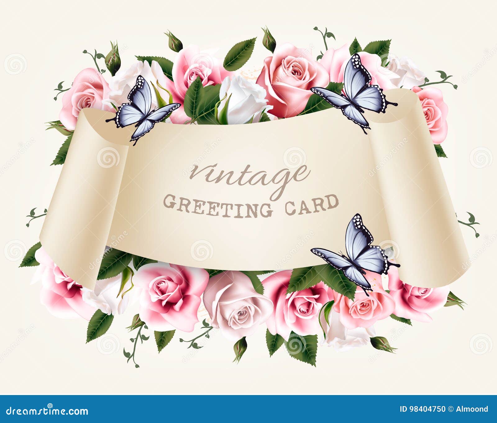 Natural Vintage Greeting Frame with Roses and Butterfly. Stock Vector ...