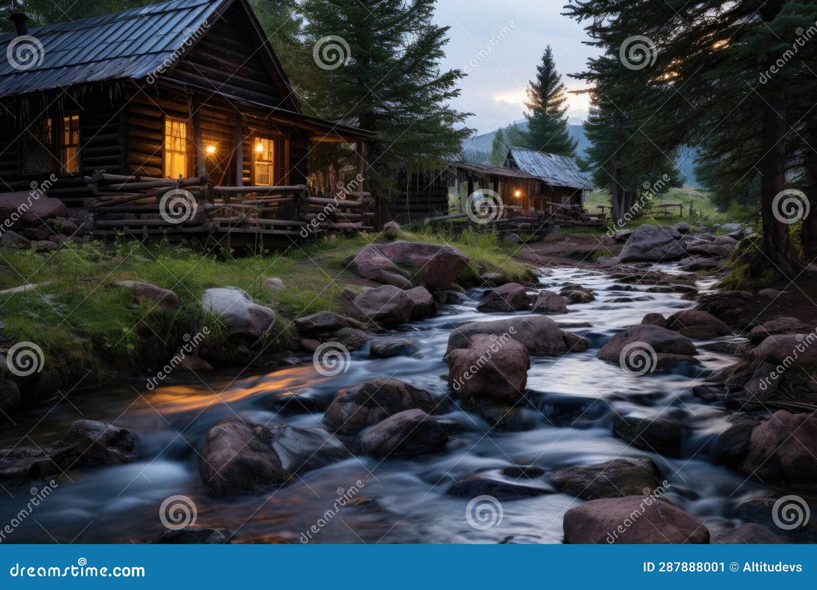 Natural Water Stream Flowing by a Cabin Stock Illustration ...