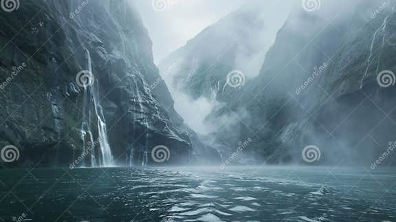 A Natural Waterfall Flows into a Calm Lake Stock Image - Image of ...