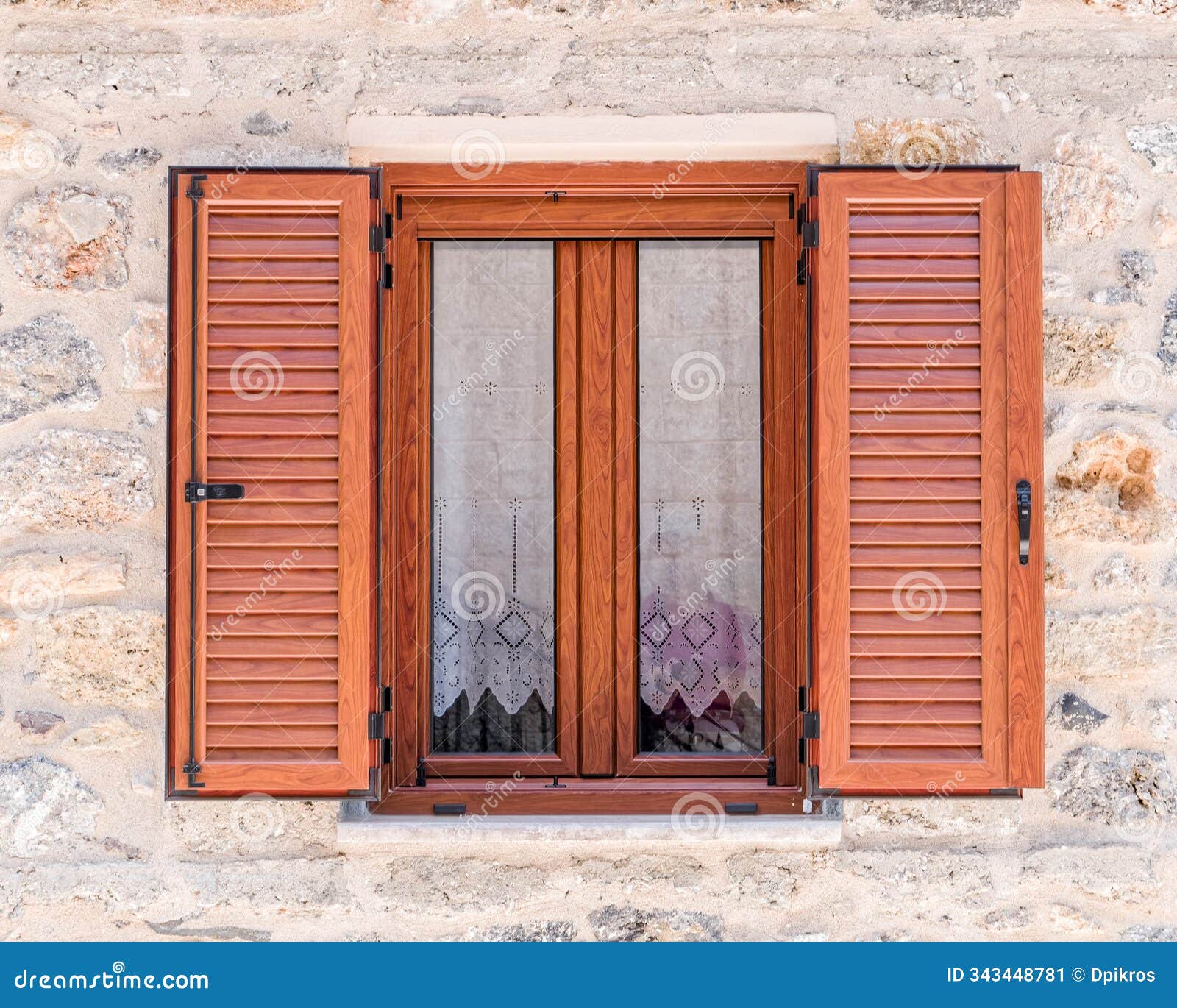 Natural Wood Window Frame with Shutters Stock Image - Image of open ...