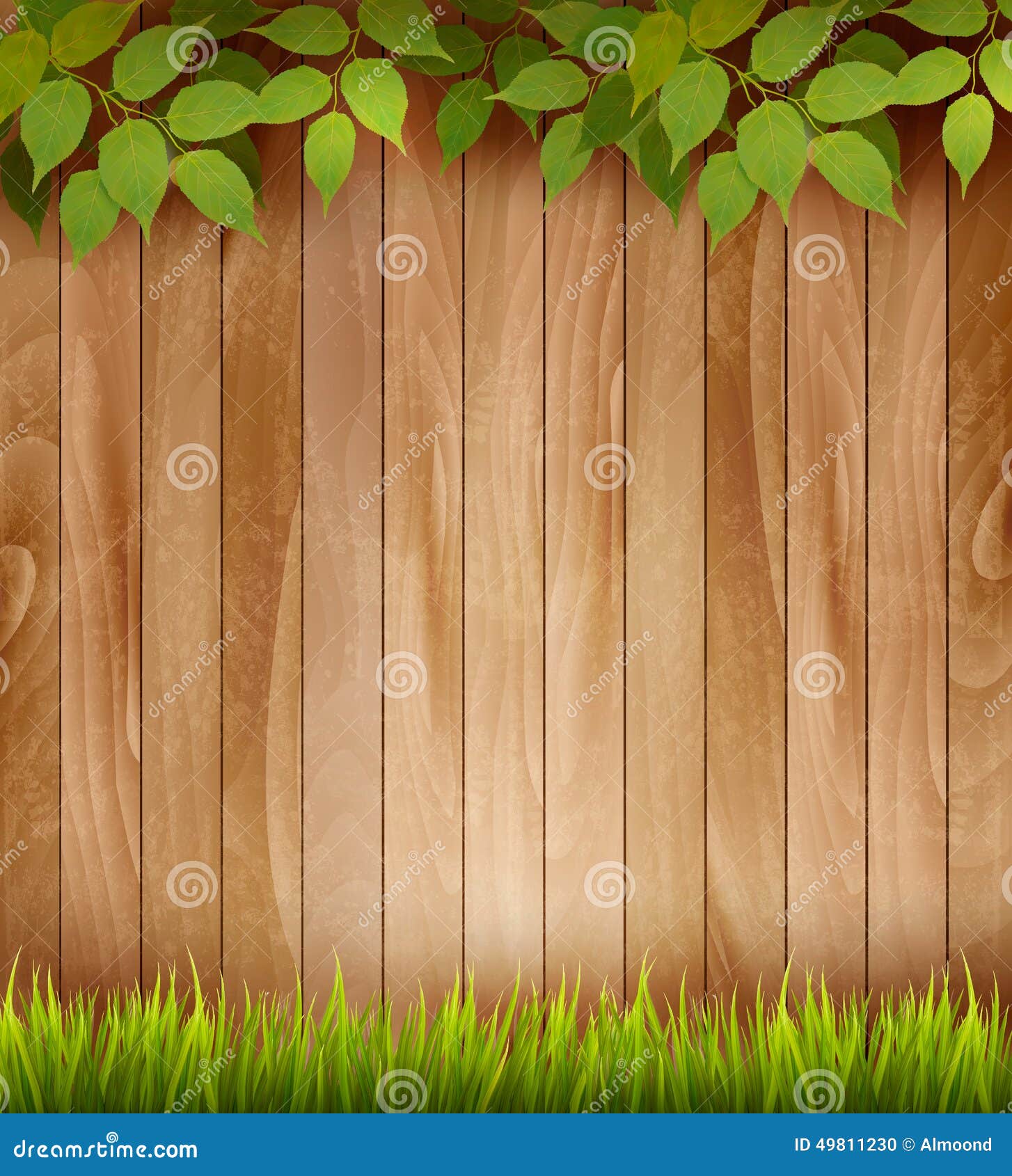 Natural Wooden Background with Leaves and Grass. Stock Vector ...