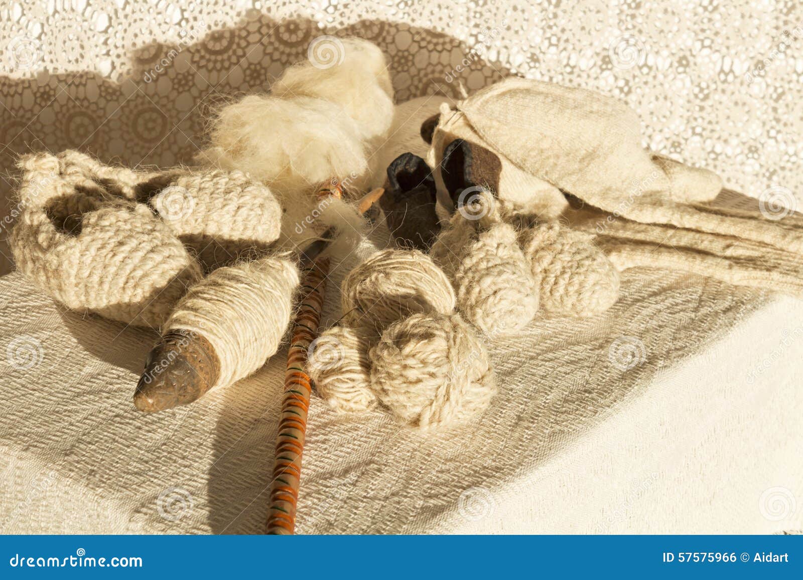 Natural Wool Socks and Wool Spinning Tools Stock Photo - Image of ...