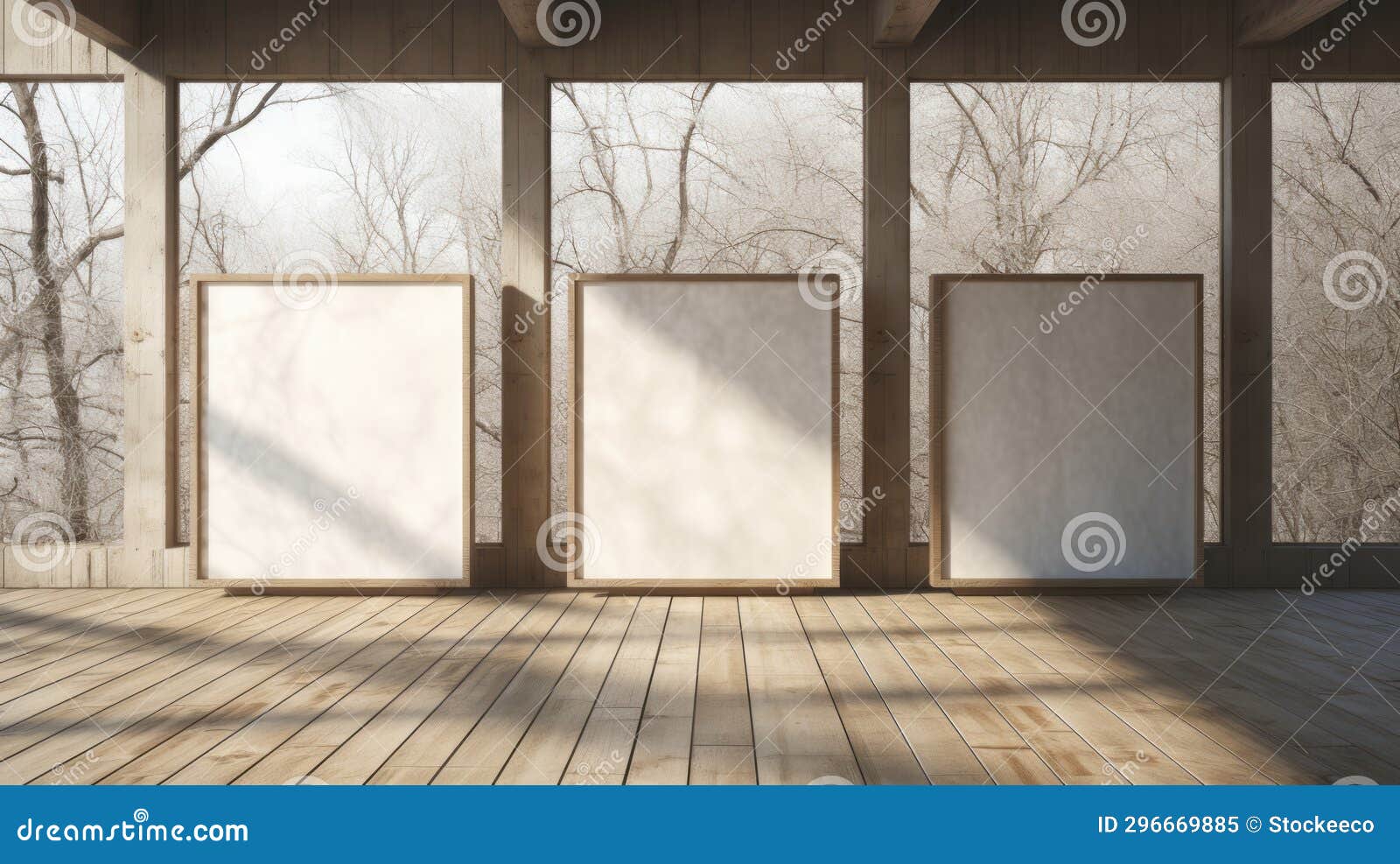 Naturalistic Renderings Three Wooden Frames in a Light-filled Room ...