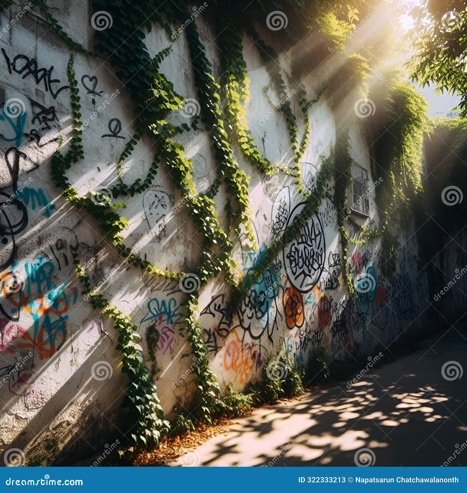 Nature and Art: Graffiti on a Tree-Lined Cliff Wall, Generative AI. Stock Illustration ...