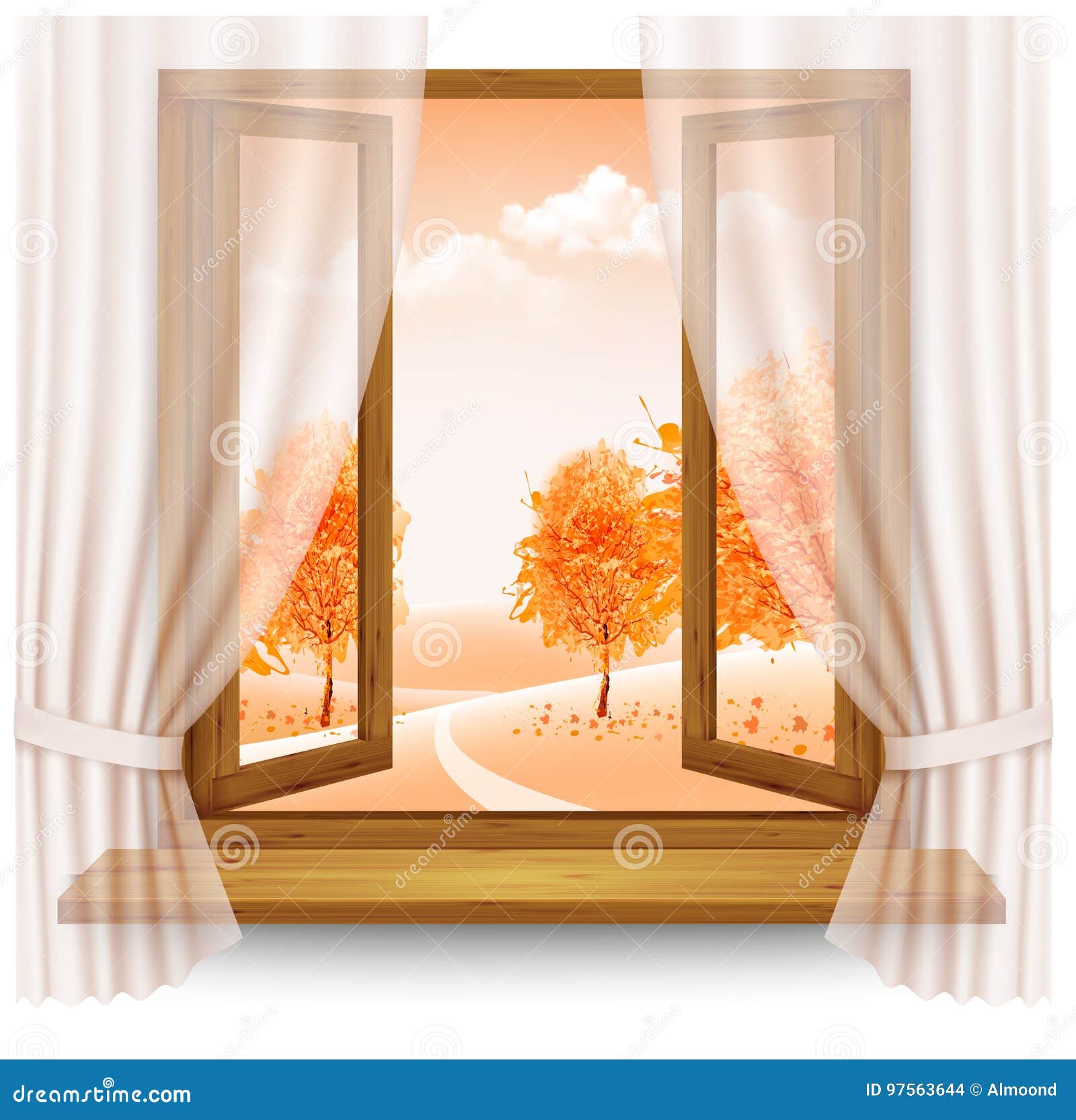 Nature Autumn Background with Wooden Window Frame with Curtains Stock ...