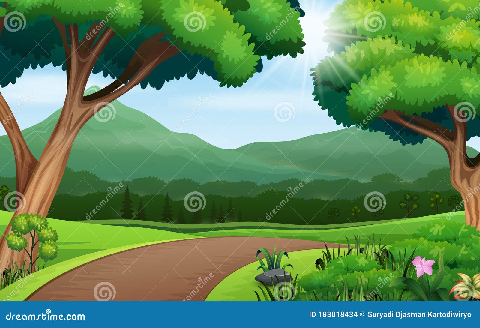 Nature Background with Path Road and Trees Stock Vector - Illustration ...