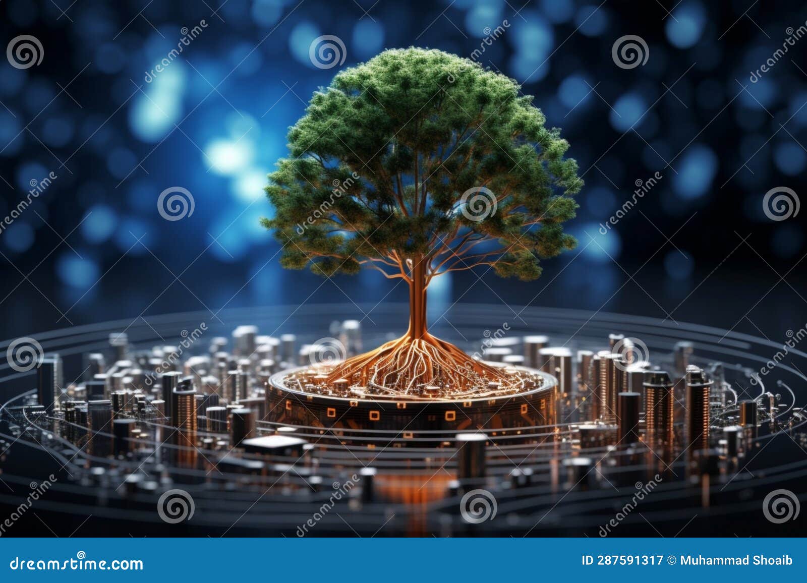 Nature in Circuits Tree on Digital Sphere, Blue Backdrop Symbolizing ...