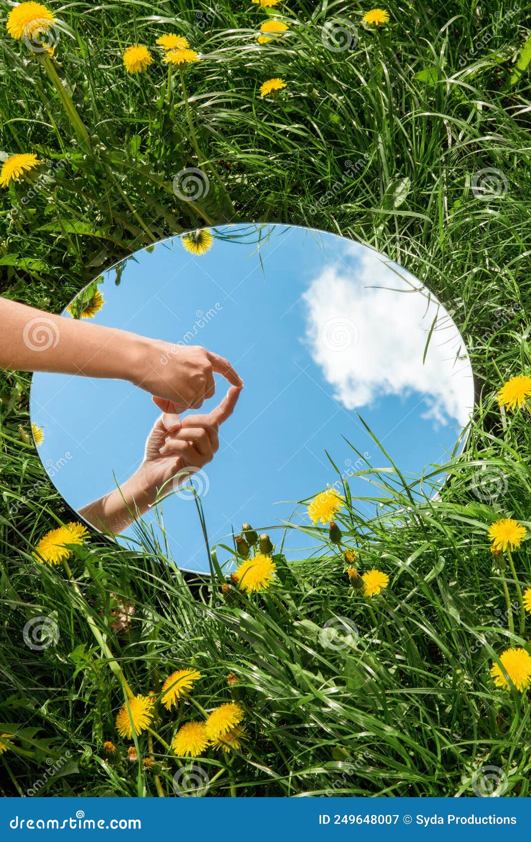 Hand Touching Sky Reflection in Mirror on Field Stock Image - Image of ...