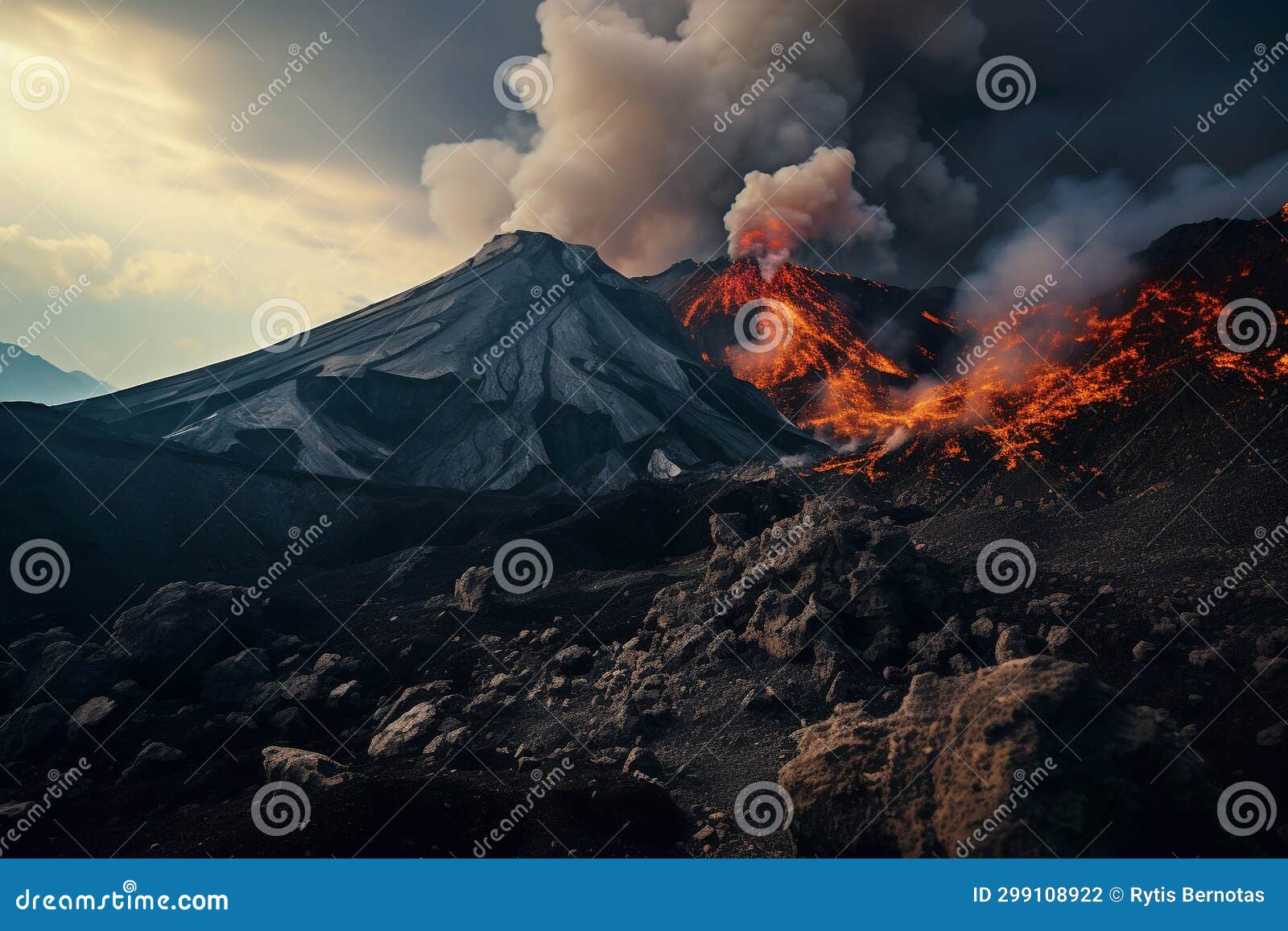 Landscape View of Erupting Volcano Mountain Stock Illustration ...
