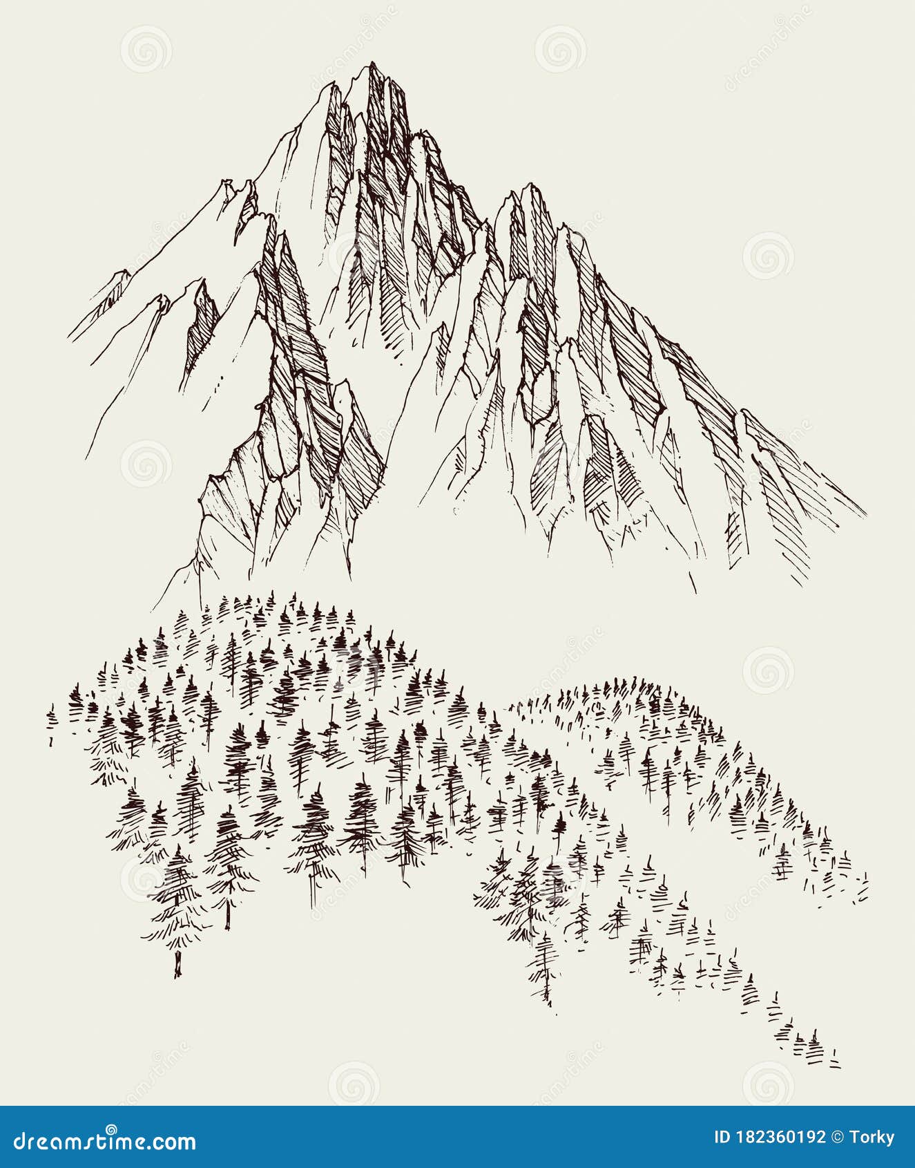 Alpine forest sketch stock vector. Illustration of mount - 182360192