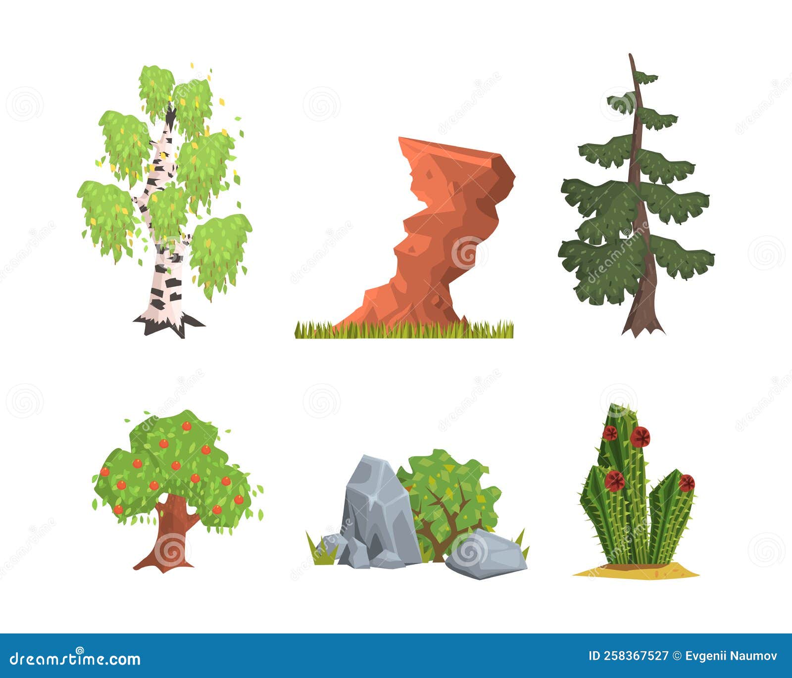 Nature Element with Fir, Fruit Tree, Cactus, Boulder and Birch Vector ...