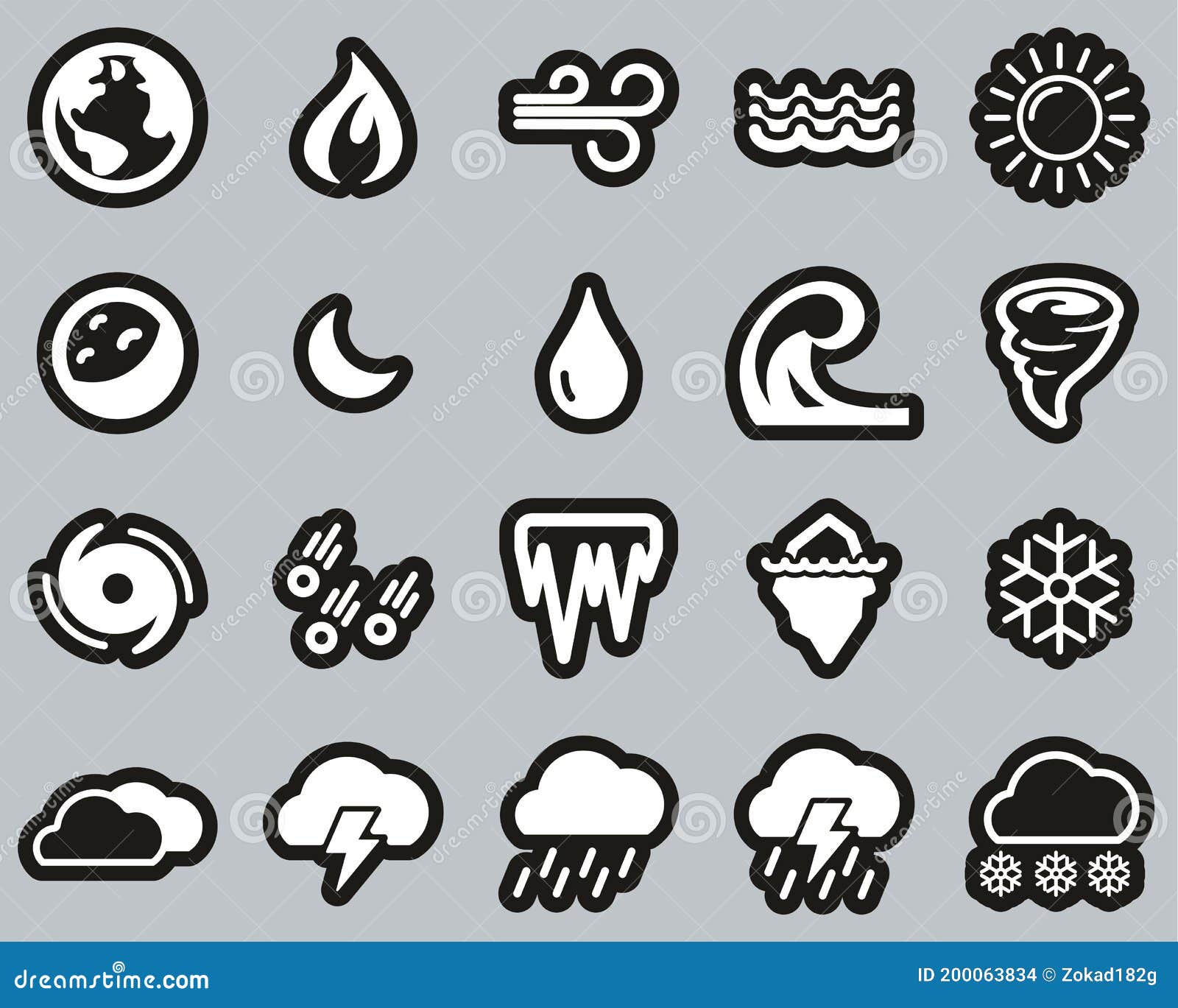 Nature Elements Icons White on Black Sticker Set Big Stock Vector ...