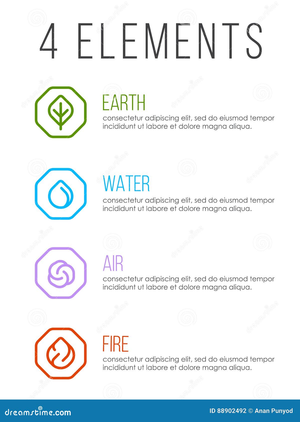Nature 4 Elements in Line Border Abstract Icon Sign. Water, Fire, Earth ...