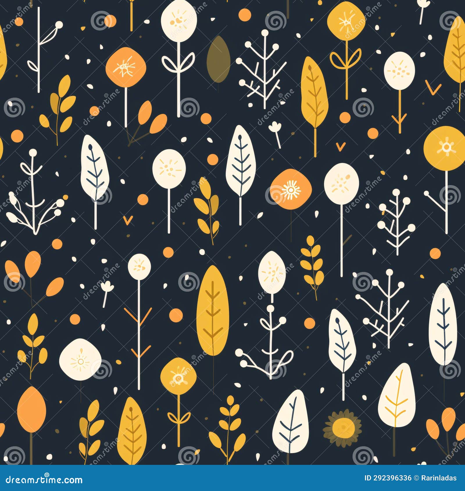 Nature Elements Seamless Pattern. Leaves, Pollen, Blossom, Stem, Flat Design Stock Illustration ...