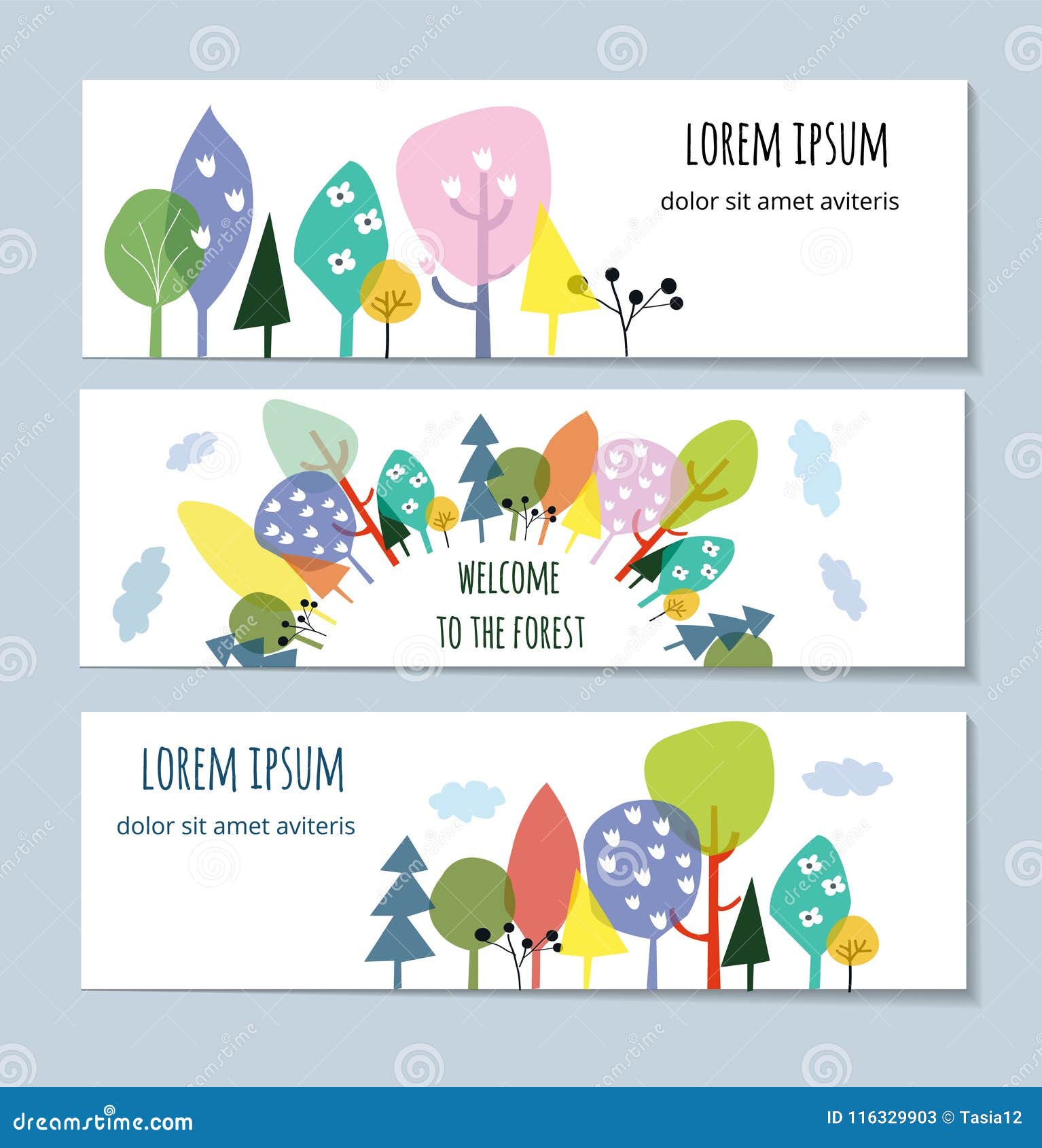 Nature and Forest Banners Set with Trees and Flowers, Graphic ...