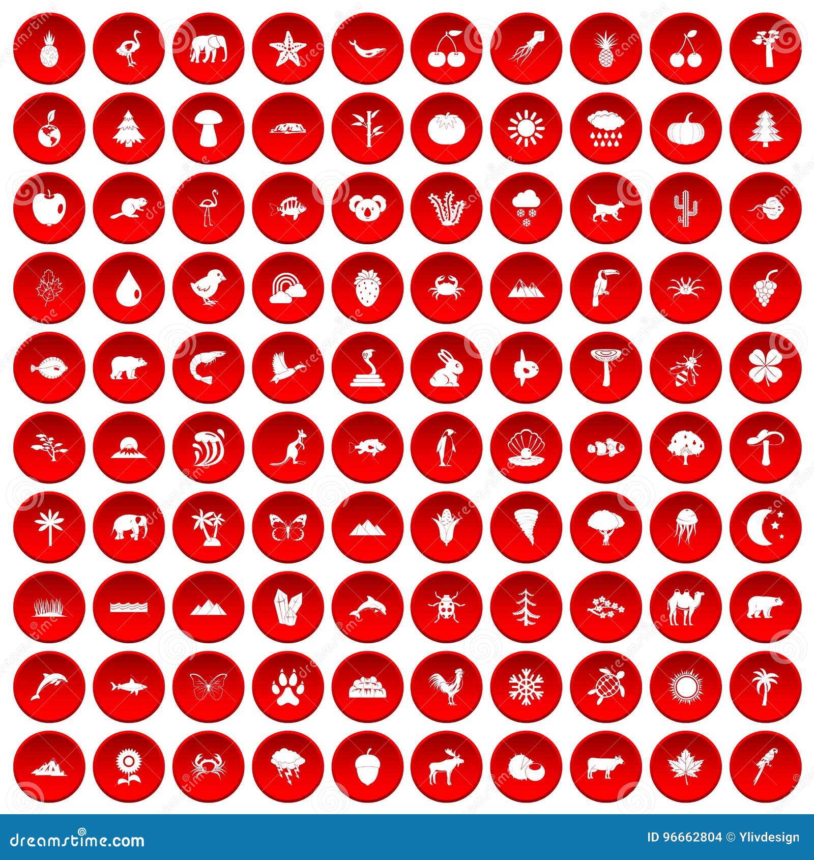 100 nature icons set red stock vector. Illustration of dolphin - 96662804