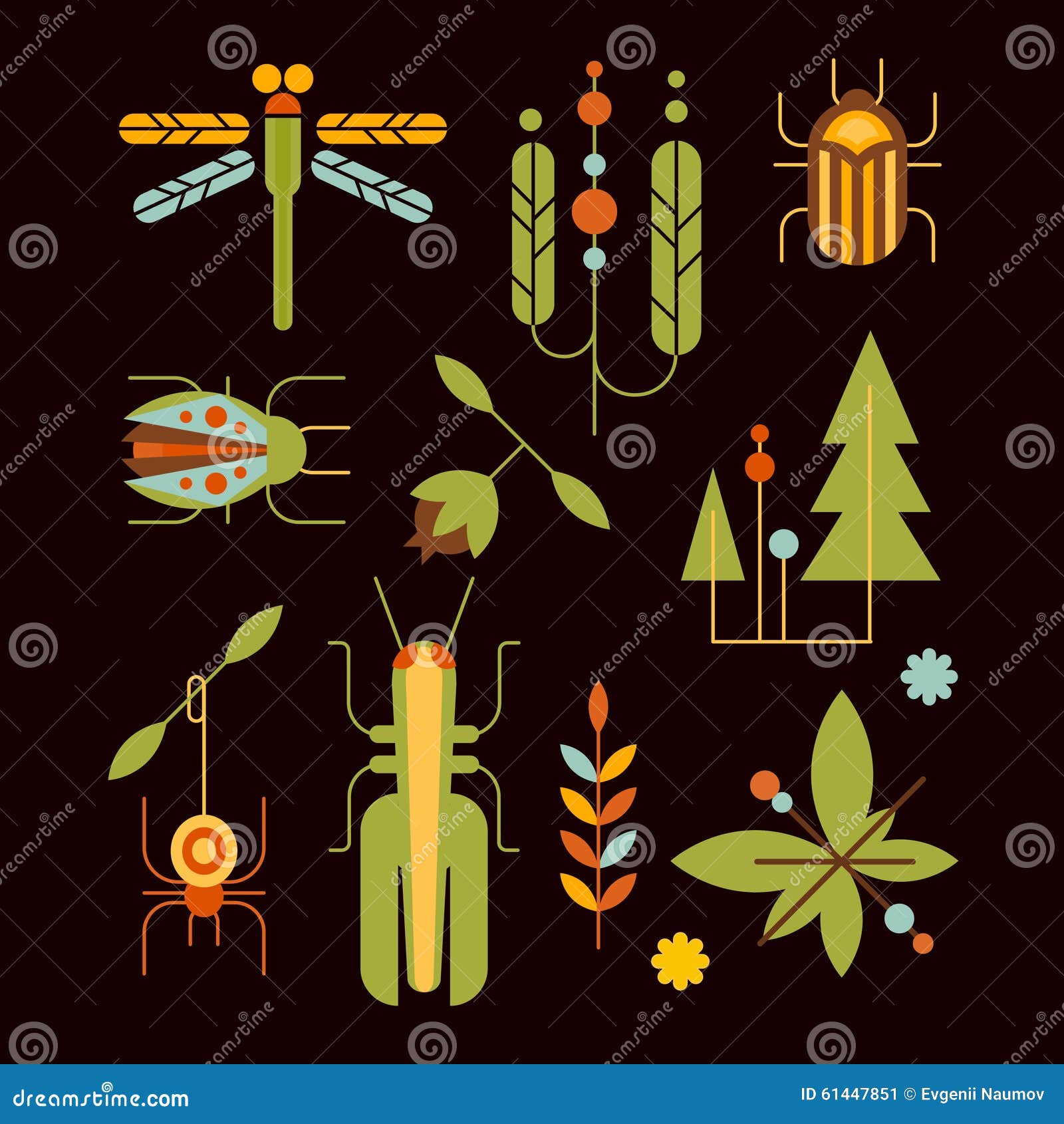 Nature, Insects, Leaves and Tree Icons Vector Stock Vector ...