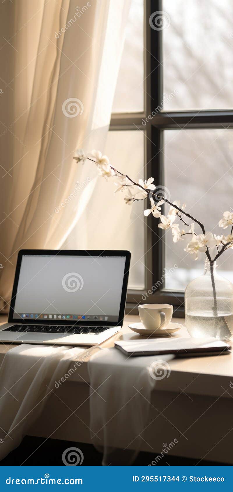 Nature-inspired Laptop and Coffee Cup on Window Sill Stock Illustration ...