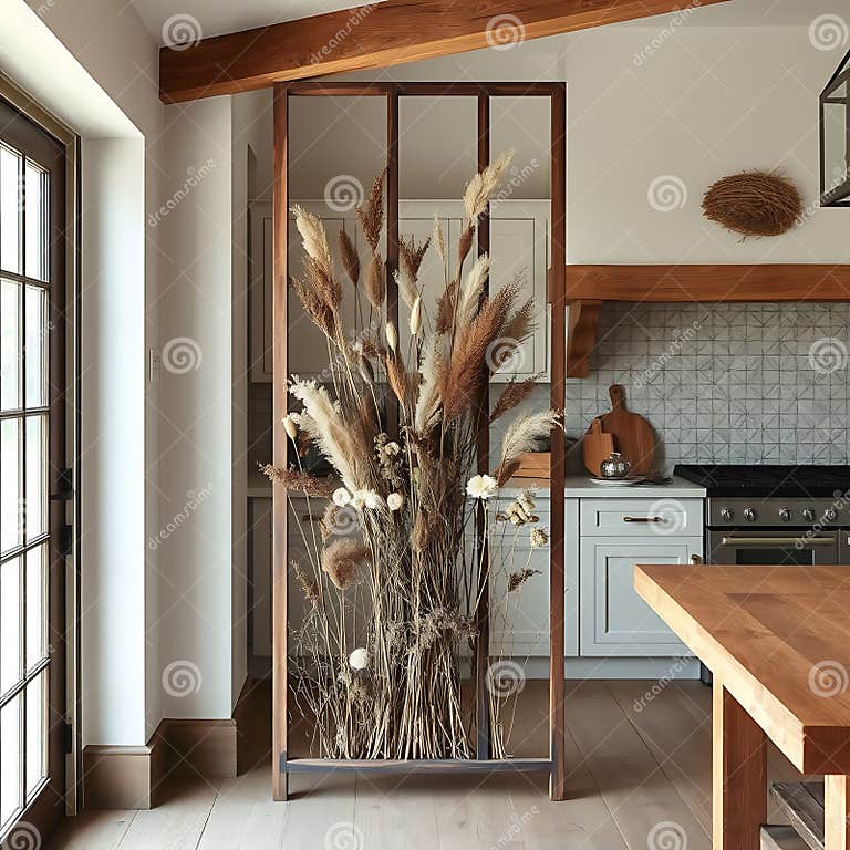 A Nature Inspired Partition Screen with Dried Flowers Standing in a ...