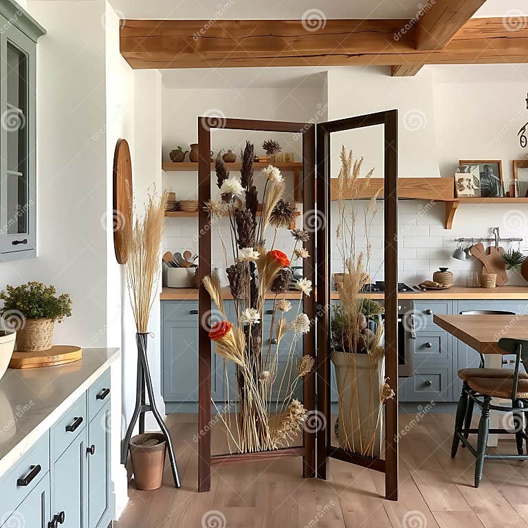 A Nature Inspired Partition Screen with Dried Flowers Standing in a ...