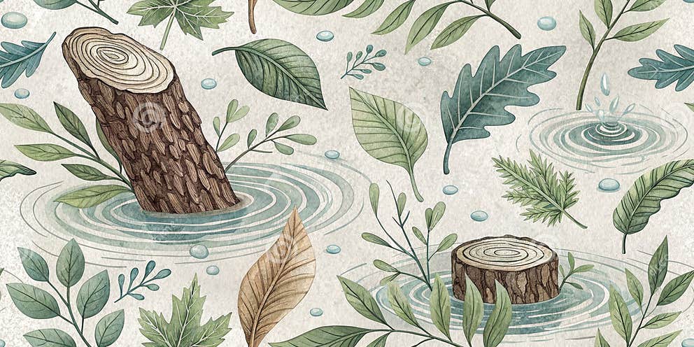 Nature-inspired Pattern Featuring Tree Stumps and Lush Greenery with Water Ripples Stock Image ...