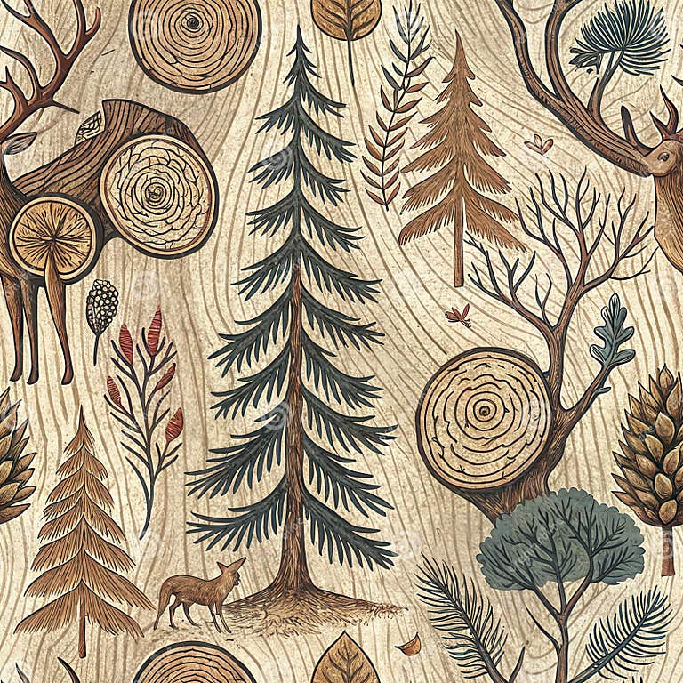 Nature-inspired Patterns: Rustic Forest Design with Trees and Wildlife ...