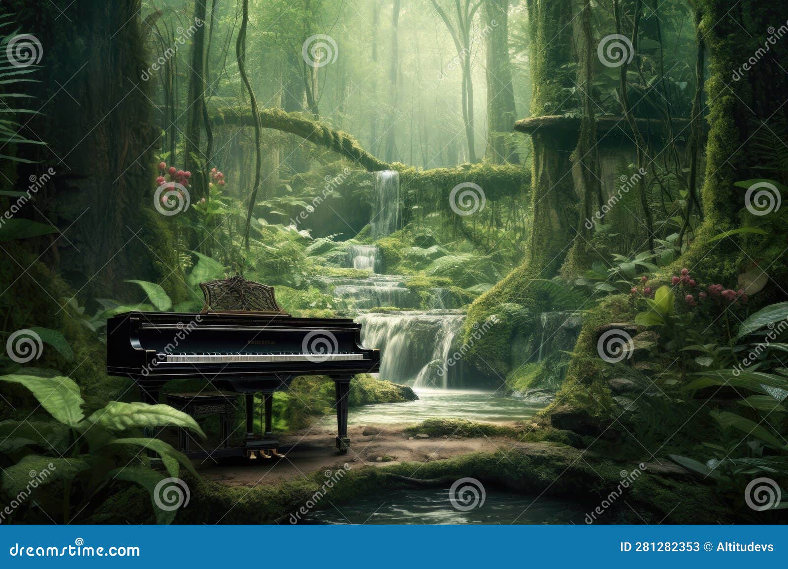 Nature-inspired Scene with Piano Keys in a Forest Stock Illustration ...