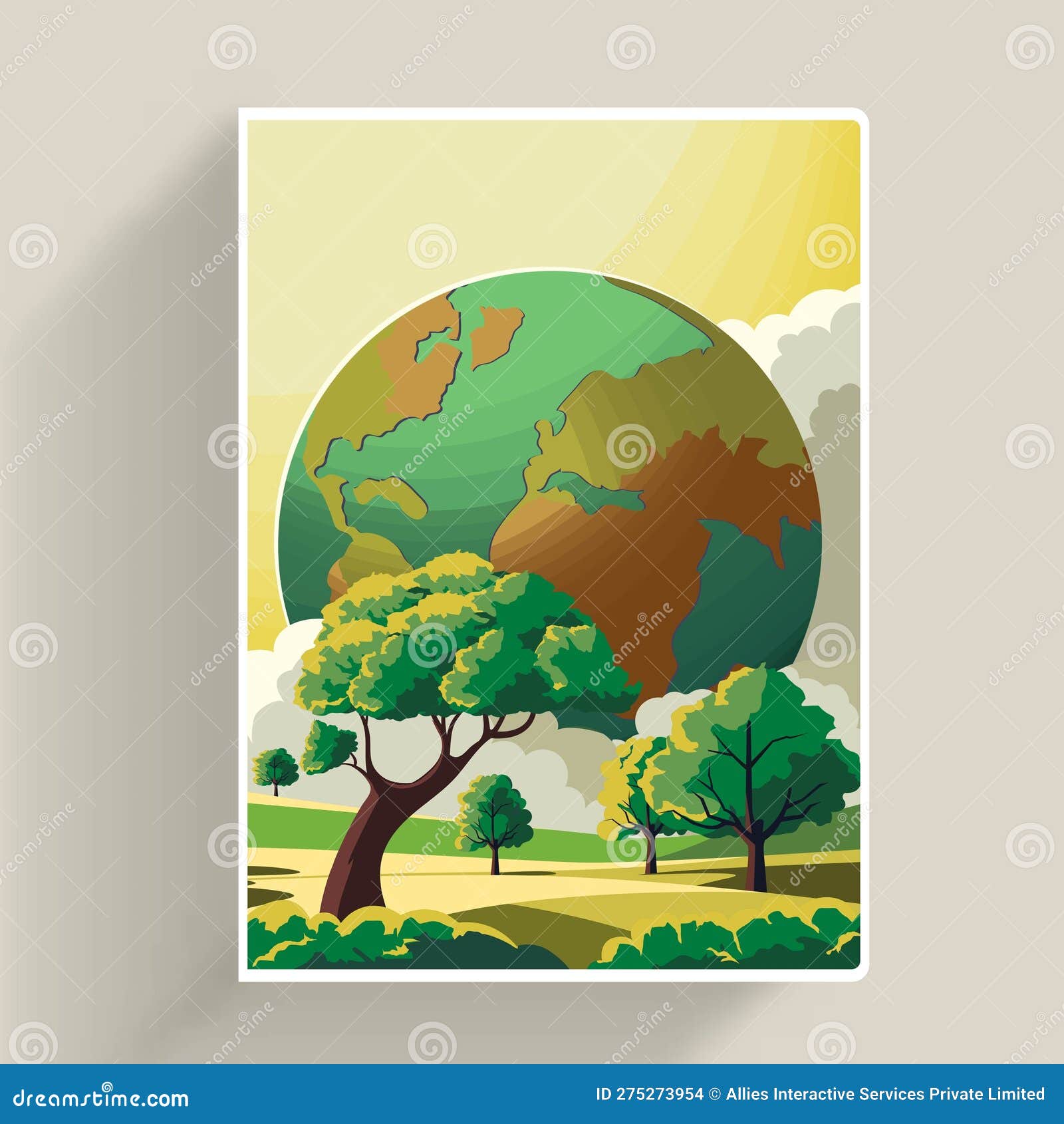 Nature Landscape Background with Earth Globe, Clouds Stock Illustration ...