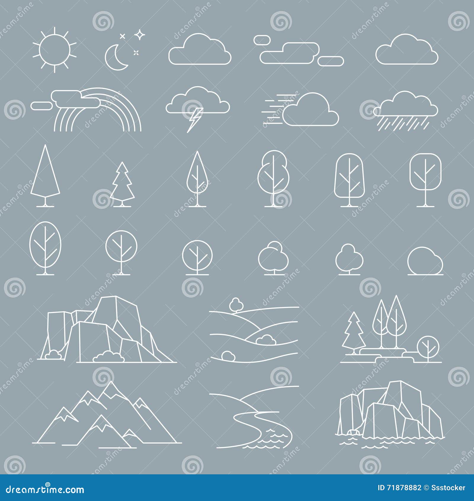 Nature Landscape Elements Icons Stock Vector - Illustration of grey ...