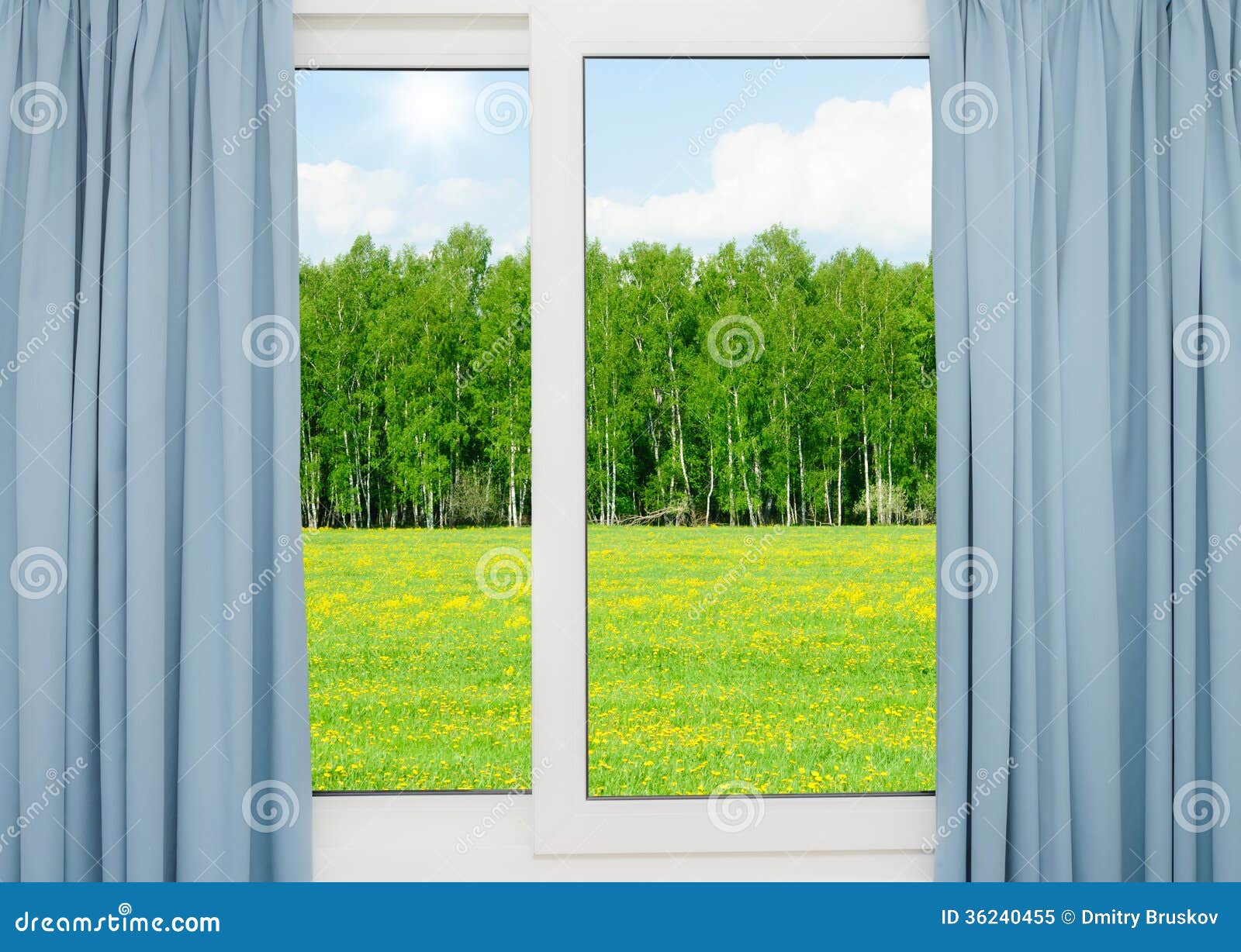 Nature Landscape with a View through a Window with Curtains Stock Image ...