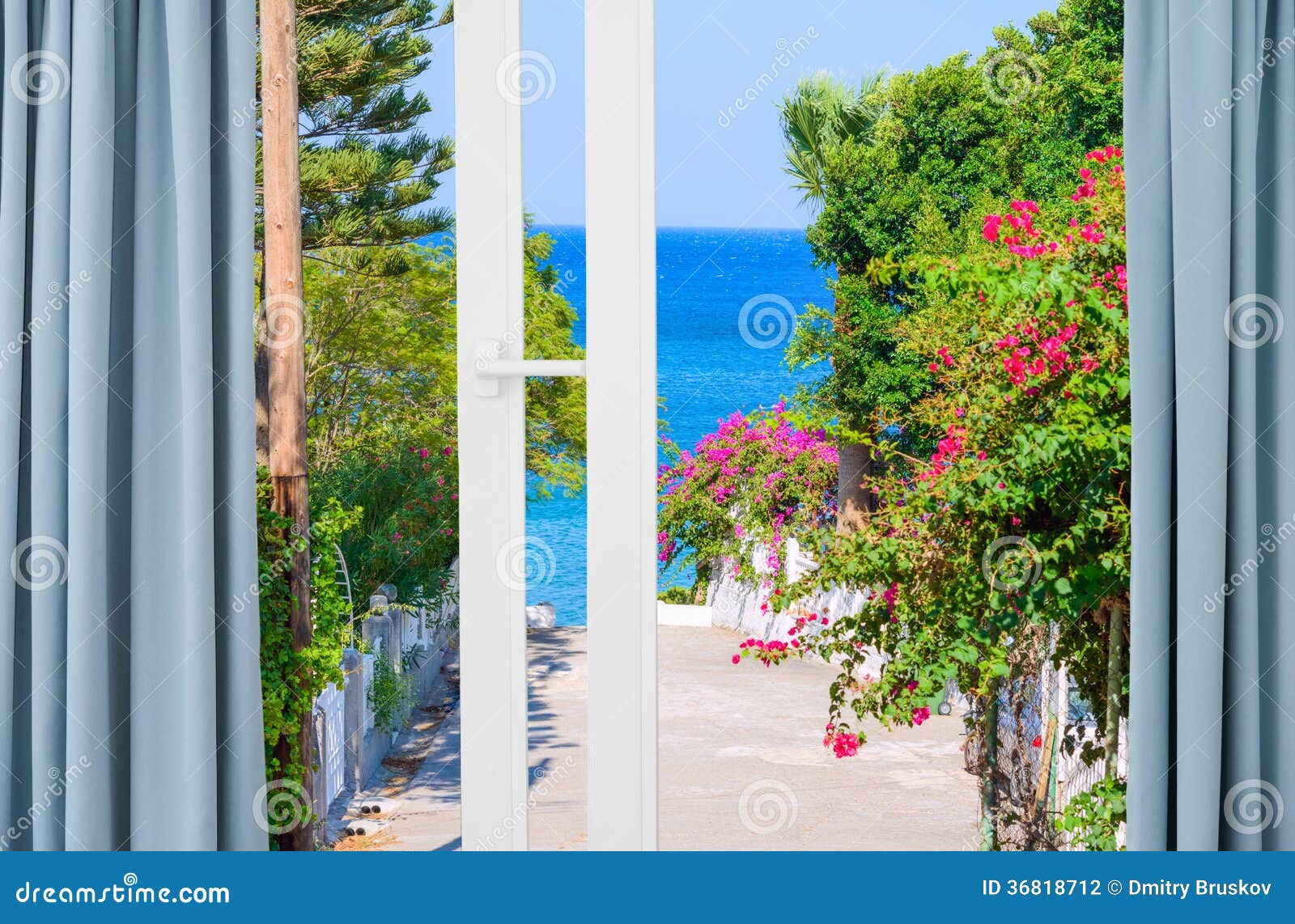 Nature Landscape with a View through a Window with Curtains Stock Photo ...