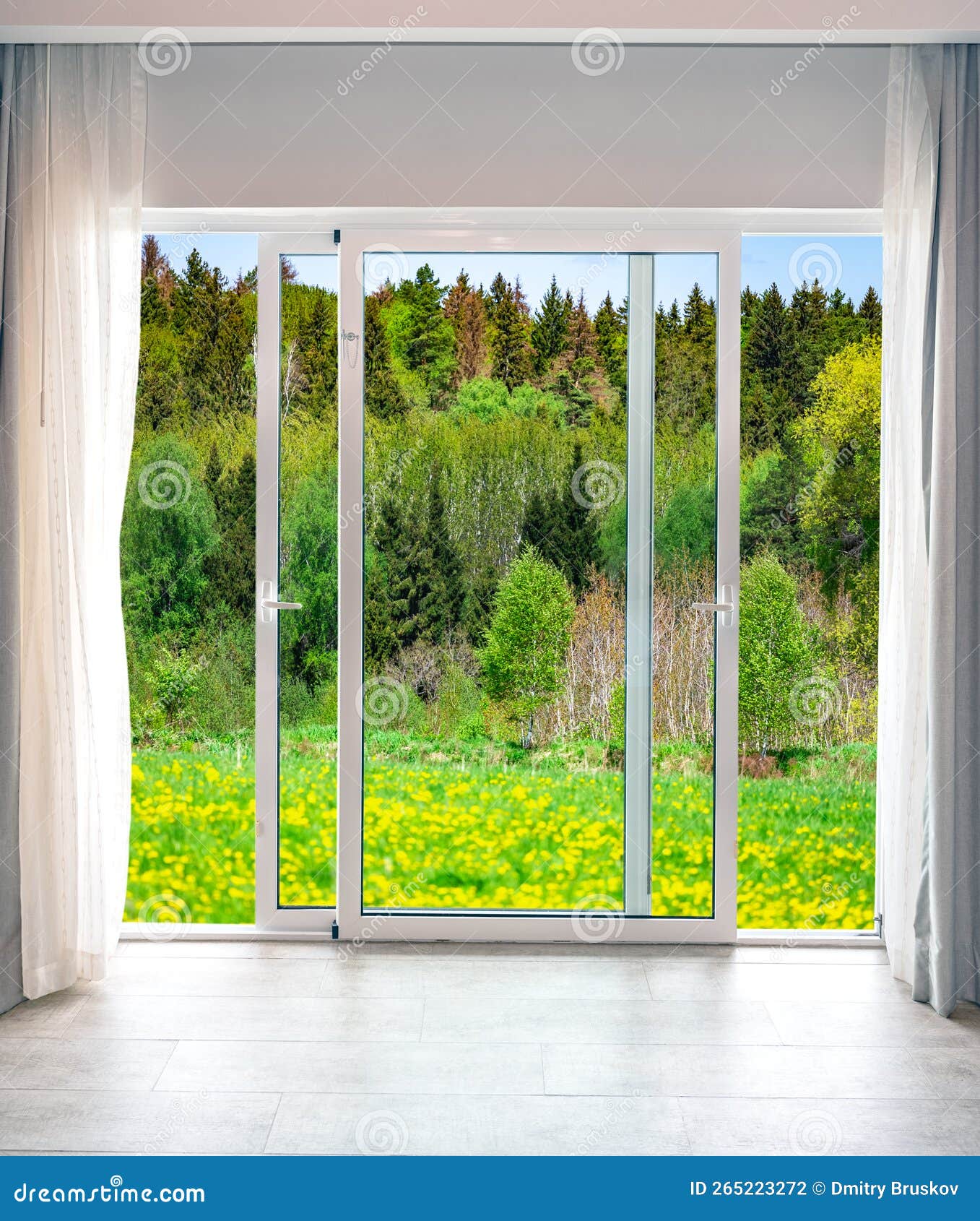 Nature Landscape with through a Window with Curtains Stock Photo ...