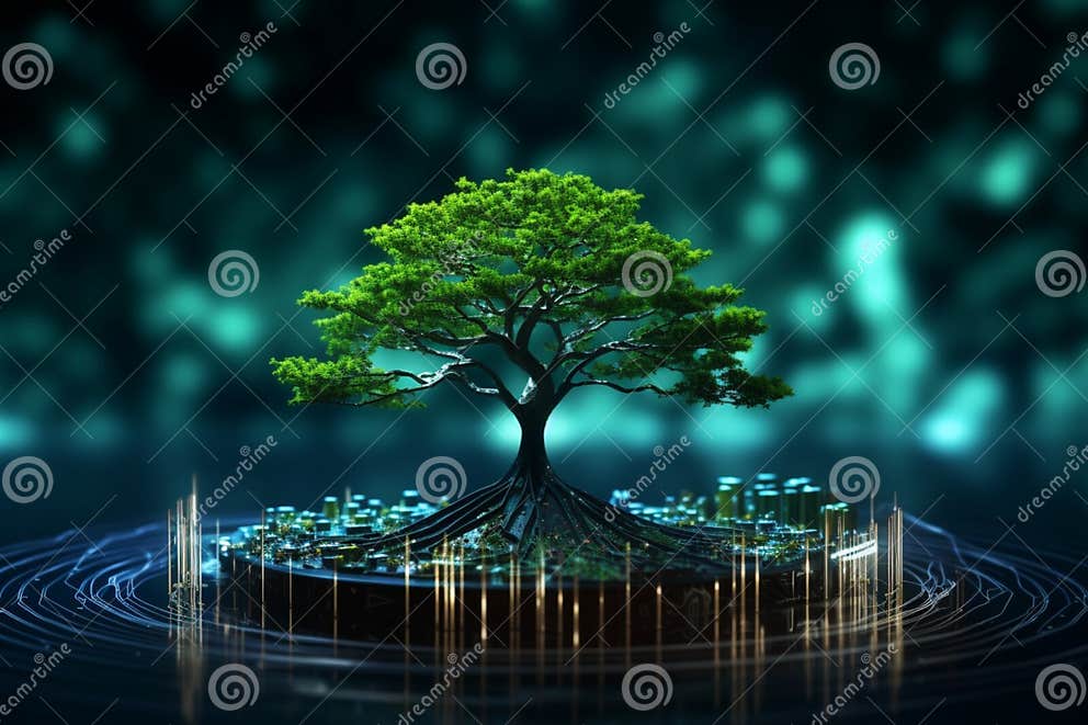 Nature Meets Tech Tree on Circuit Board, Wireframe Network Fusion of ...