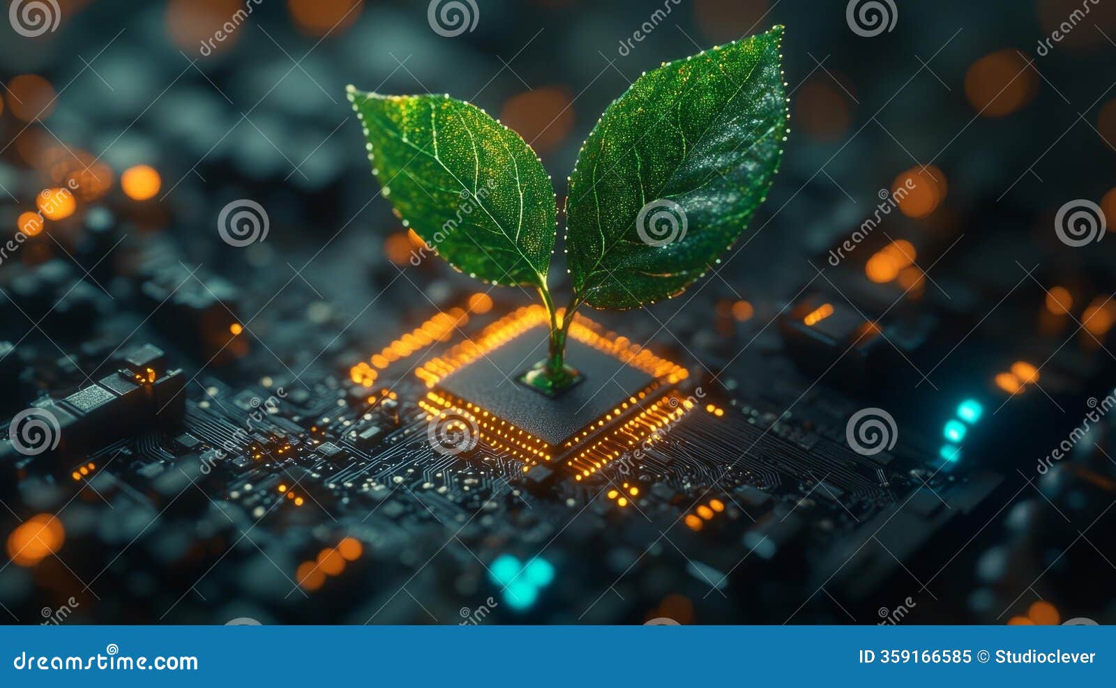 Nature Meets Technology: a Leaf on a Microchip Stock Illustration ...