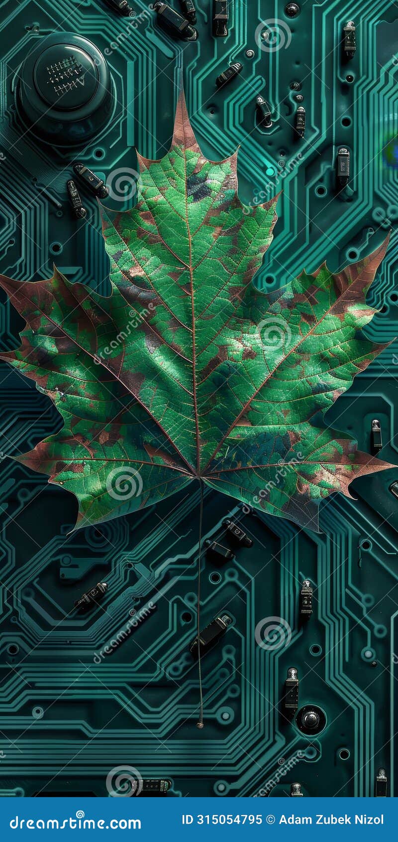 Nature Meets Technology: Maple Leaf on a Circuit Board Stock ...