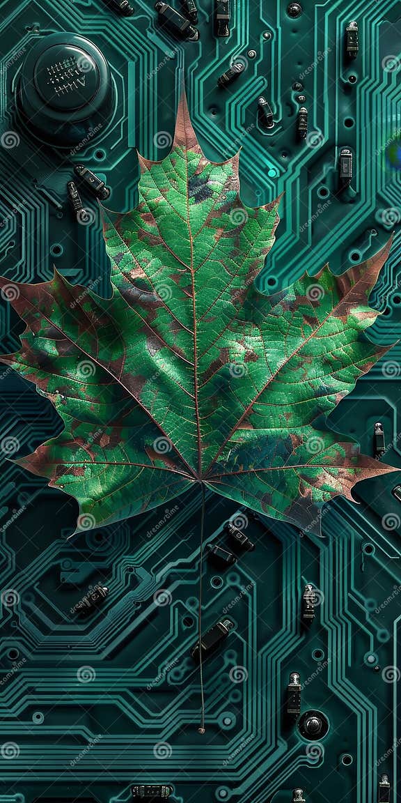 Nature Meets Technology: Maple Leaf on a Circuit Board Stock ...