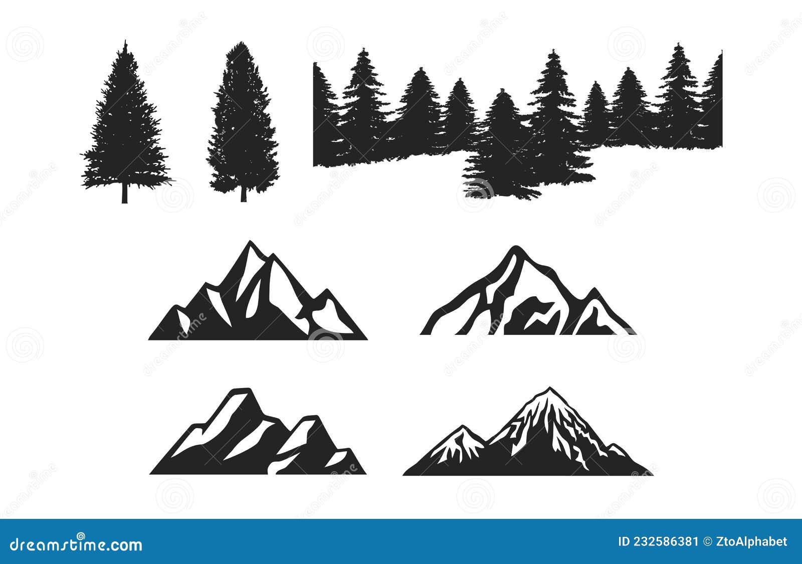 Mountain Pine Tree Silhouette Clipart Set Stock Vector - Illustration ...