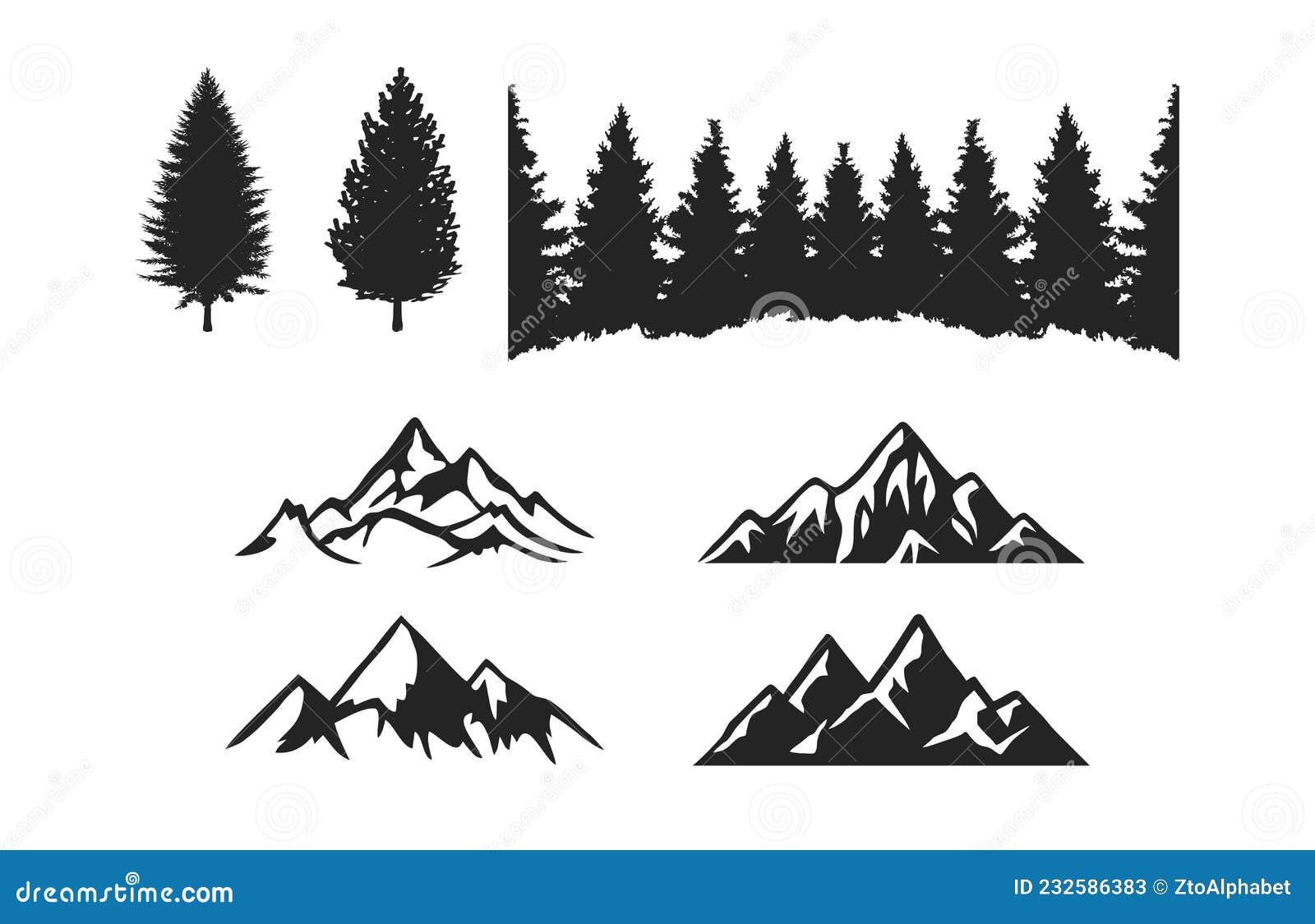 Mountain Pine Tree Silhouette Clipart Set Stock Vector - Illustration ...