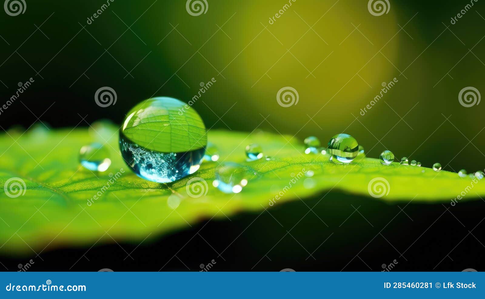 Nature Reflected from Big Rain Water Drop on Light Green Leaf, Close-up ...