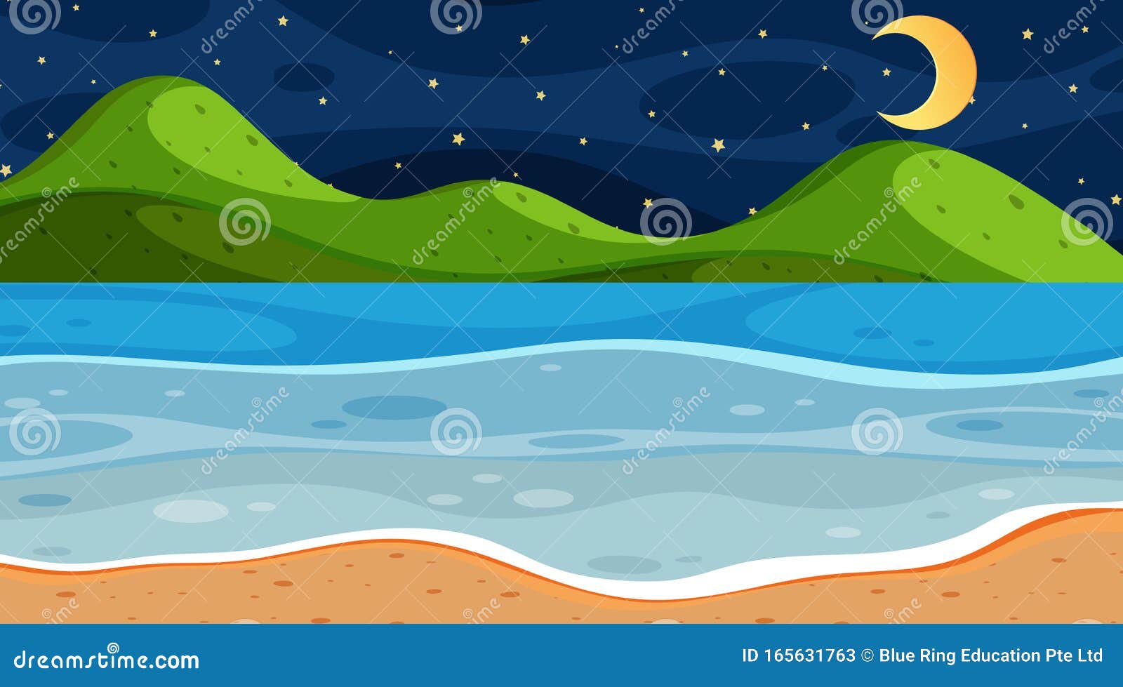 Nature Scene with Ocean at Night Stock Illustration - Illustration of ...