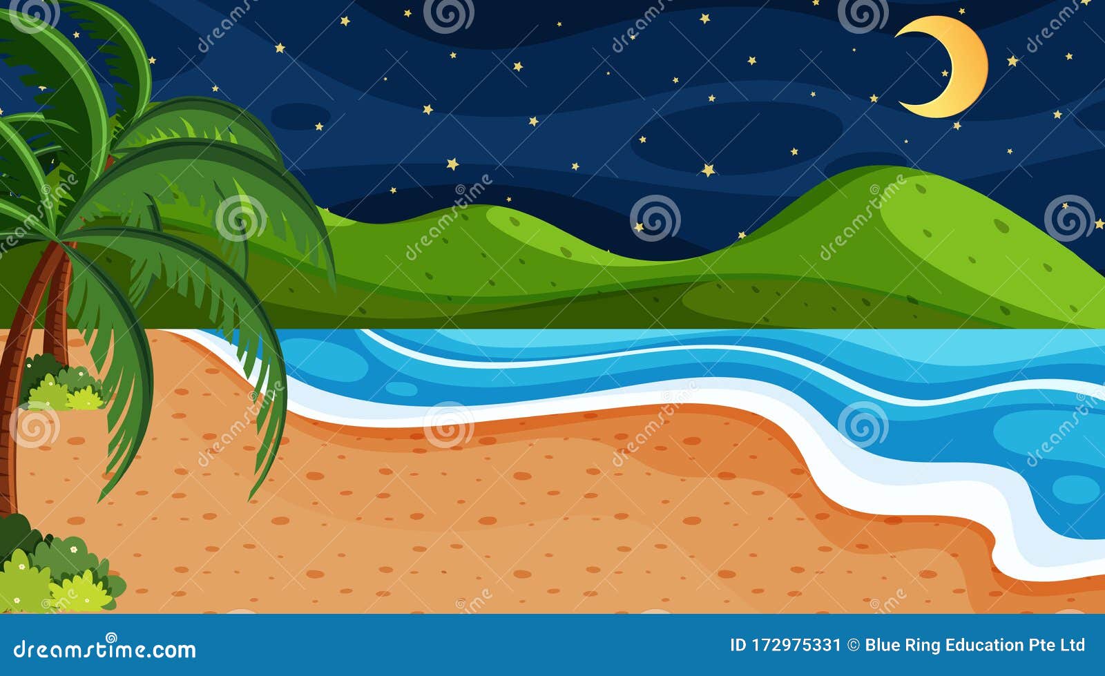Nature Scene with Ocean at Night Stock Vector - Illustration of tree ...