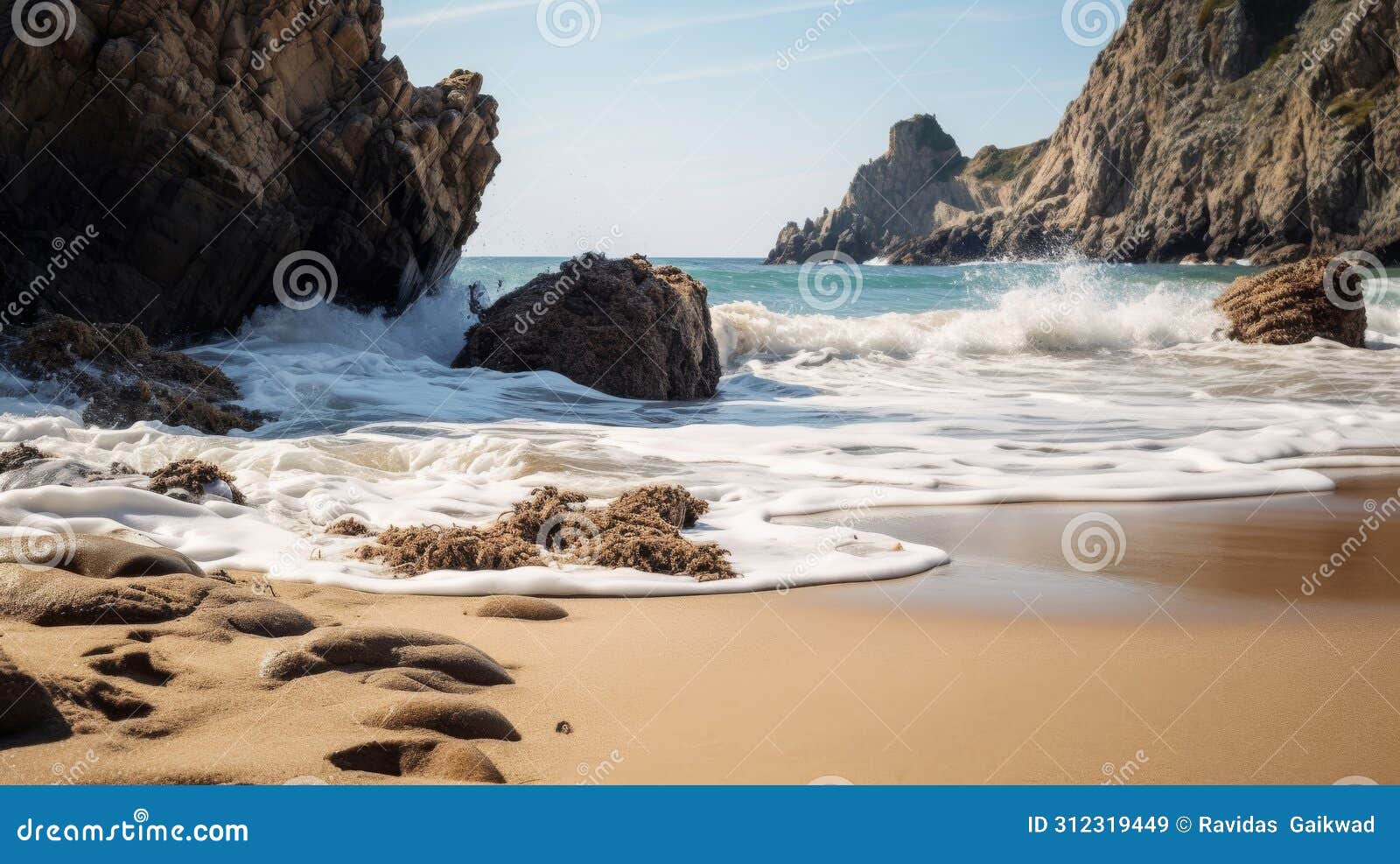 Nature Scene of a Secluded Beach with Rugged Cliffs and Waves Stock ...